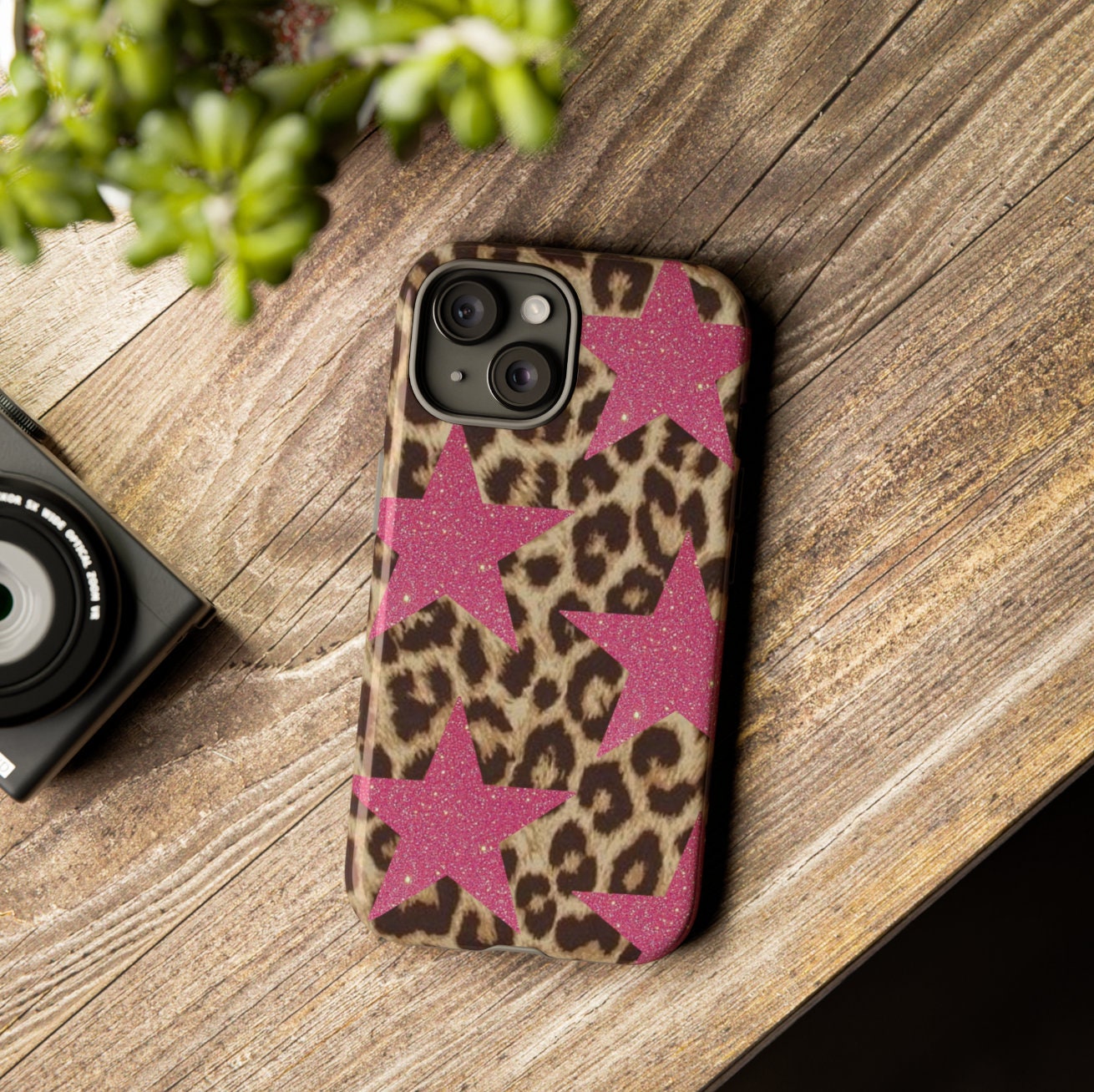Pink Star and Leopard Print Tough Phone Case iPhone 15/14/13/12/11 Pro Max XR Galaxy S23/S22/S21 ...