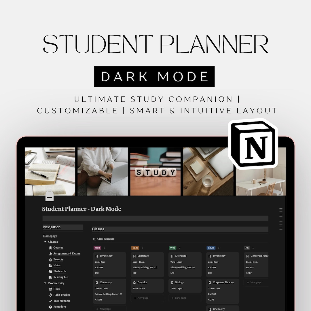 Notion Student Planner Template (dark Mode) | Academic Organizer for ...