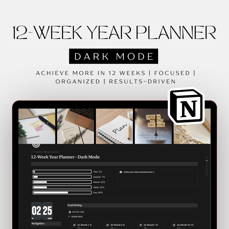 12-week Year Planner Notion Template (dark Mode) | Goal Tracking ...