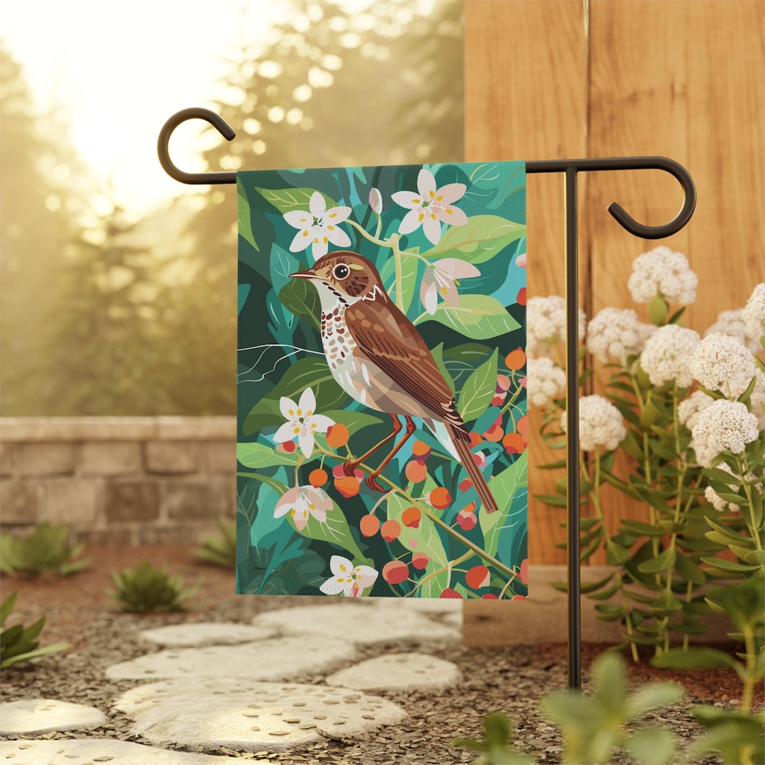 Vermont State Bird, Hermit Thrush, House & Garden Flag, Garden Banner ...