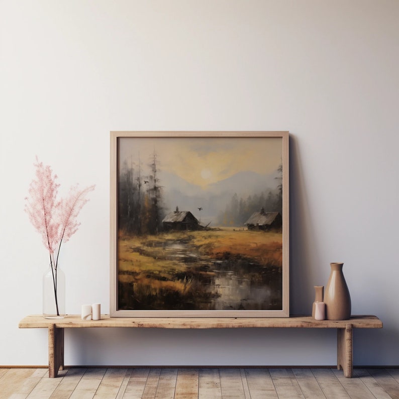 Rustic Oil Painting of Countryside Cabins Print - Etsy