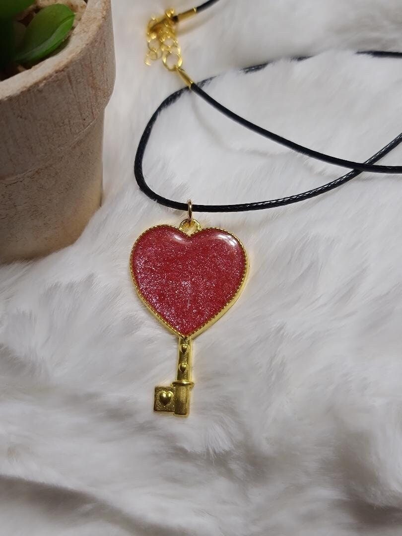 Pink Heart Key Resin Pendant Necklace Heart Jewelry Pink Necklace Key ...