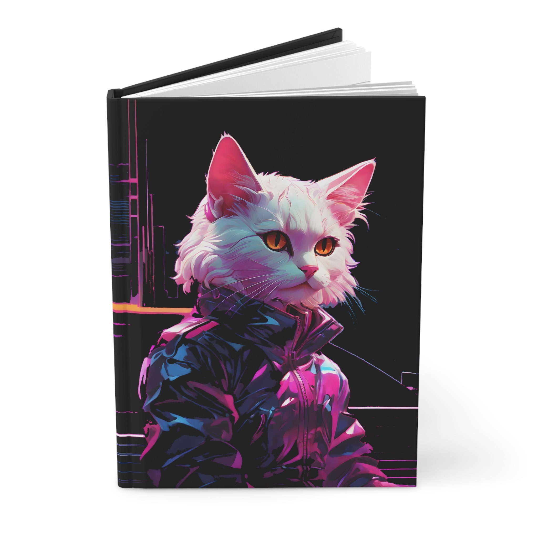 Retro Synthwave Style Digital Kitty Cat Bright Colors Hardcover Journal ...