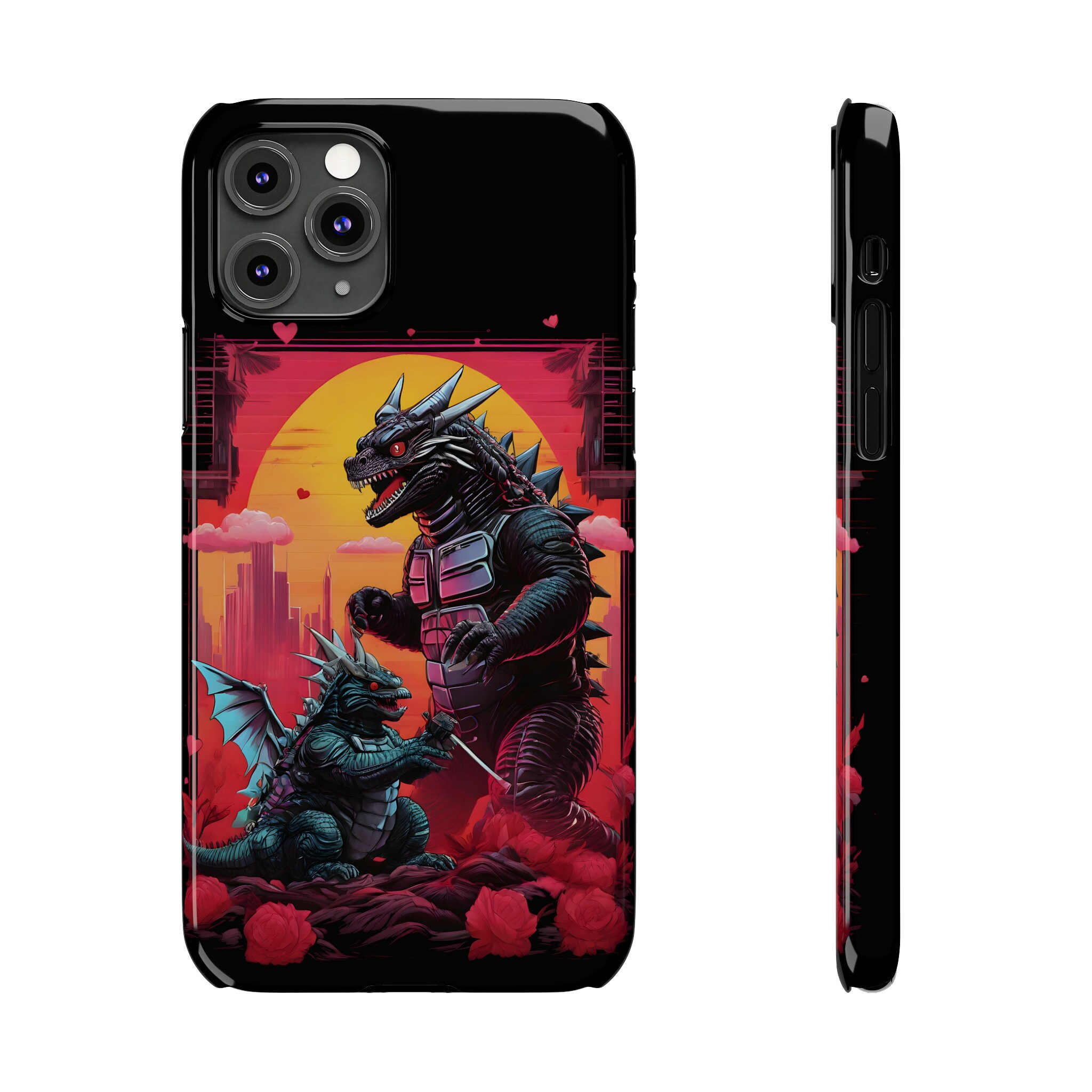 Retro Synthwave Godzilla Dinosaur Roses Hearts Sunset Bright Colors ...