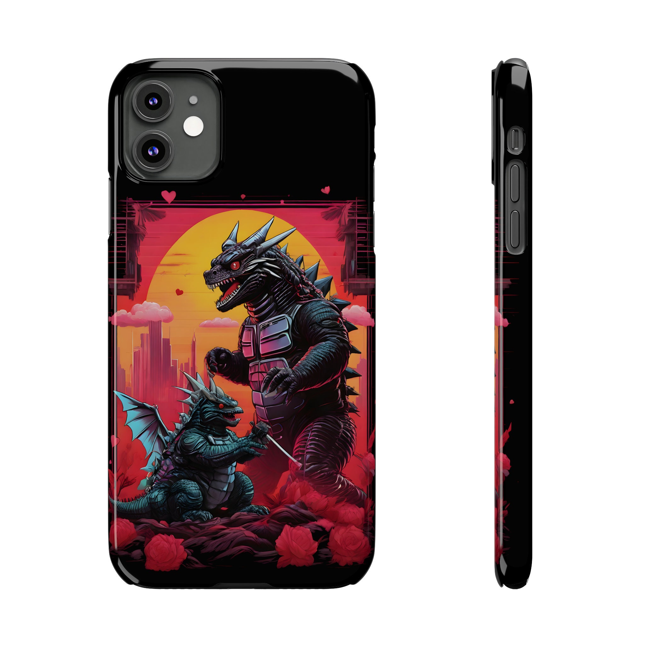 Retro Synthwave Godzilla Dinosaur Roses Hearts Sunset Bright Colors ...