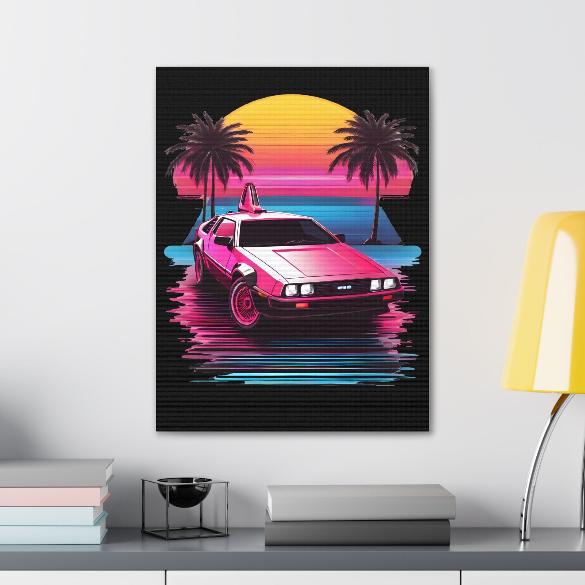 Retro Synthwave Delorean Car Tropical Sunset Canvas - Etsy