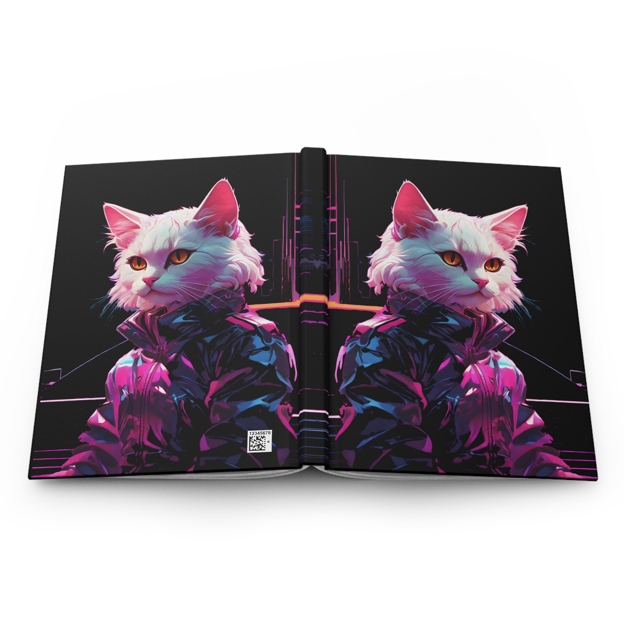 Retro Synthwave Style Digital Kitty Cat Bright Colors Hardcover Journal ...
