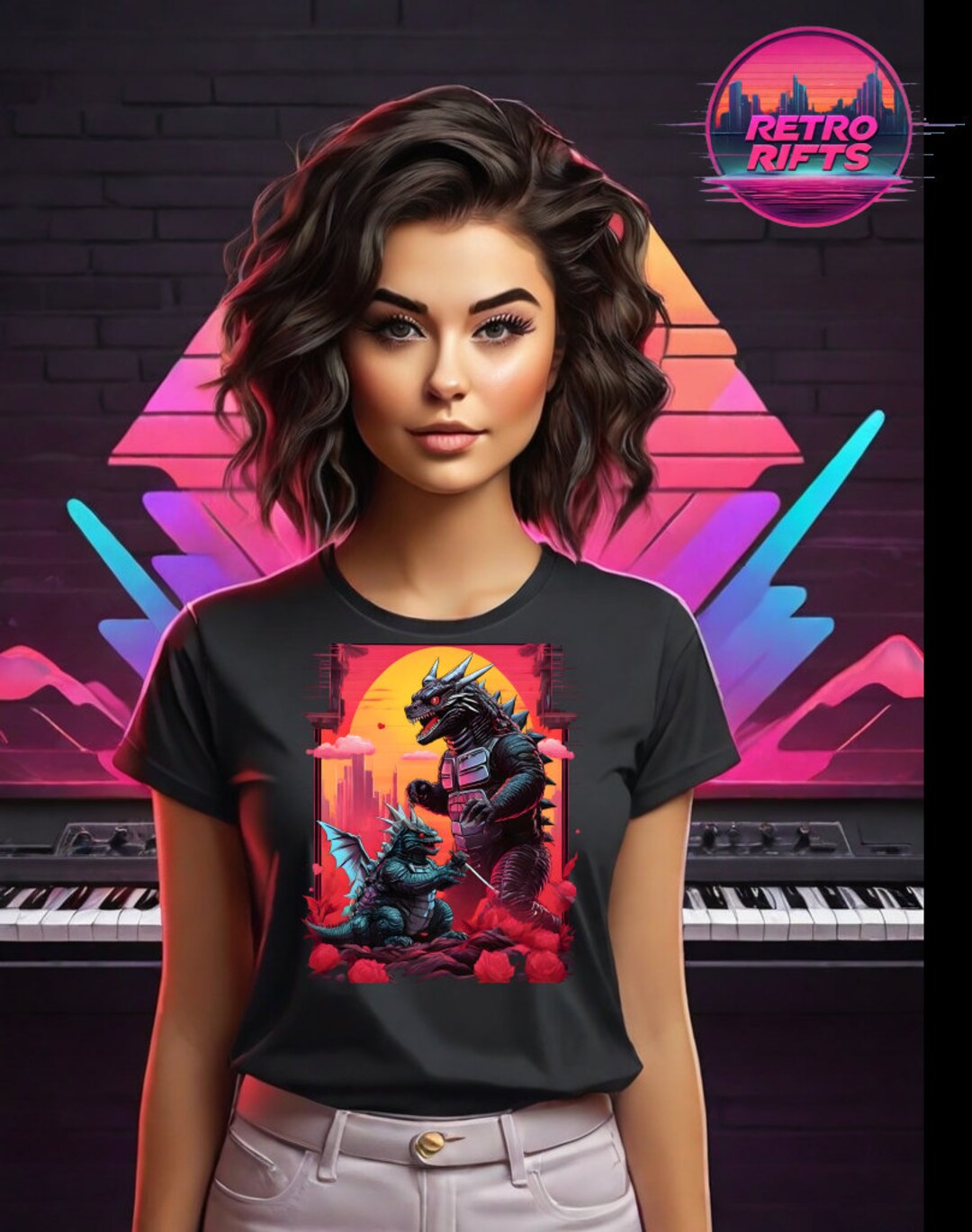 Retro Synthwave Godzilla Dinosaur Roses Hearts Sunset Bright Colors ...