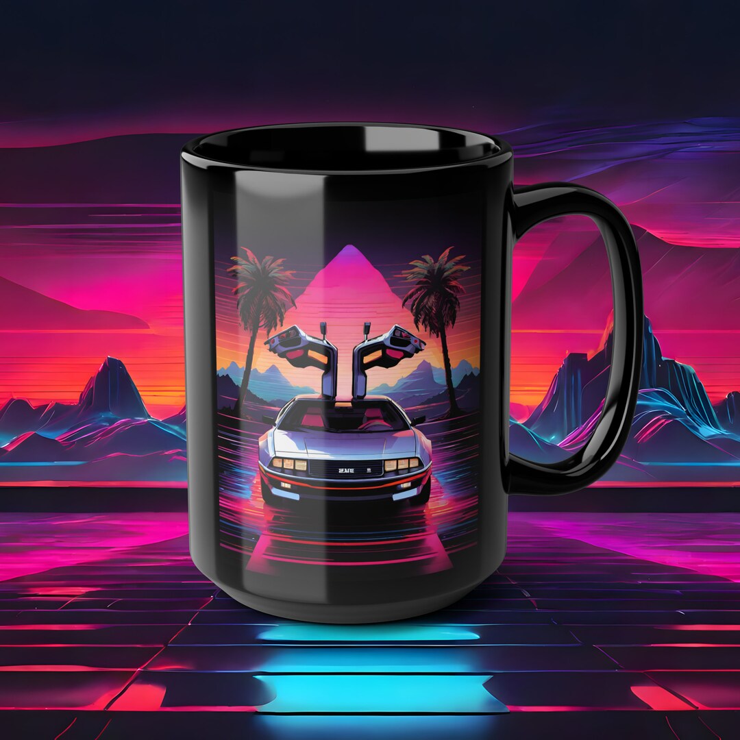 Retro Synthwave Delorean Style Car Palm Trees Sunset Black Mug, 15oz - Etsy