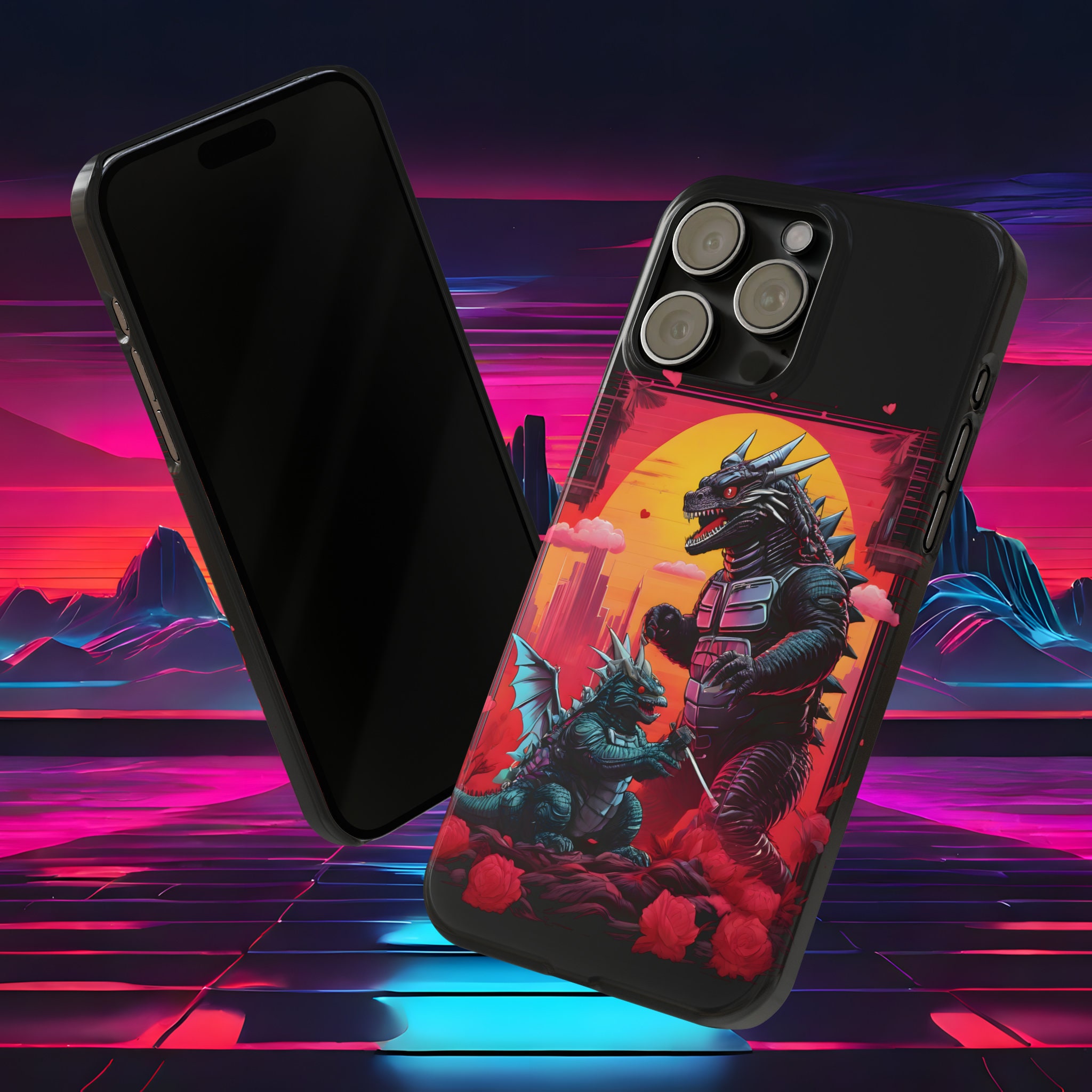 Retro Synthwave Godzilla Dinosaur Roses Hearts Sunset Bright Colors ...