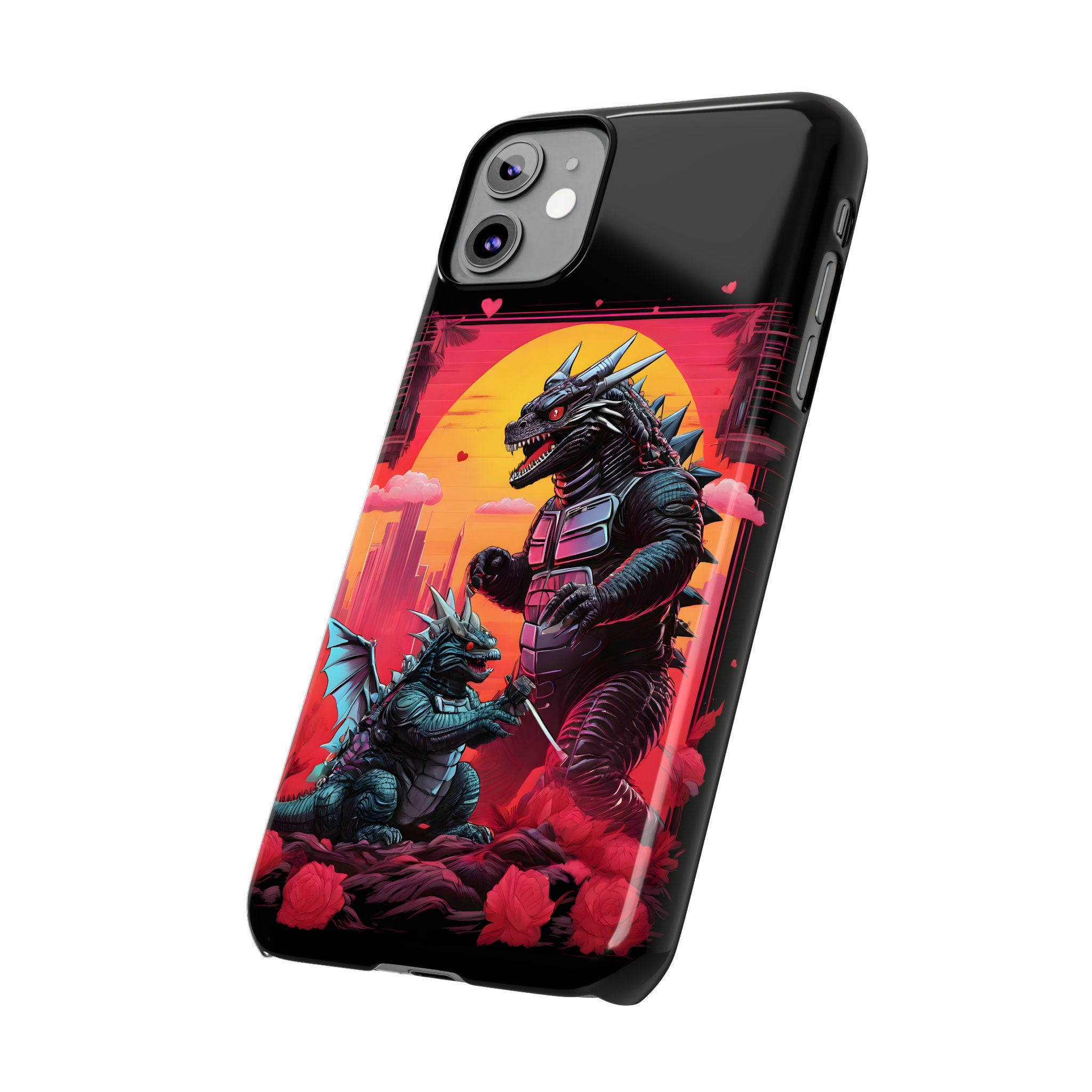 Retro Synthwave Godzilla Dinosaur Roses Hearts Sunset Bright Colors ...