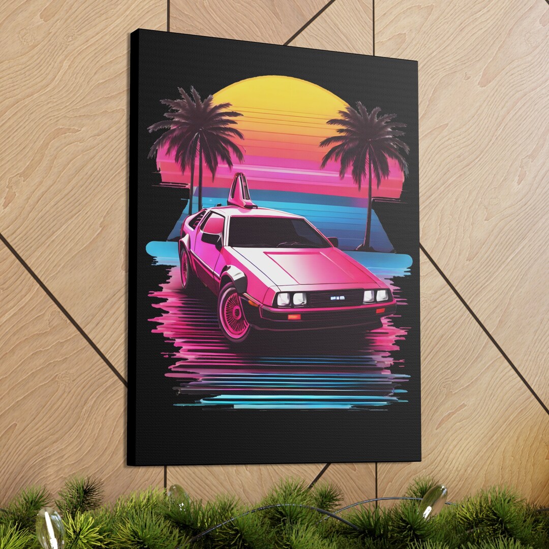 Retro Synthwave Delorean Car Tropical Sunset Canvas - Etsy