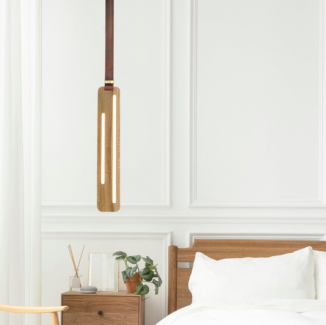 Bedside Pendant Light LED Sconce Wood and Genuine Leather,pendant ...