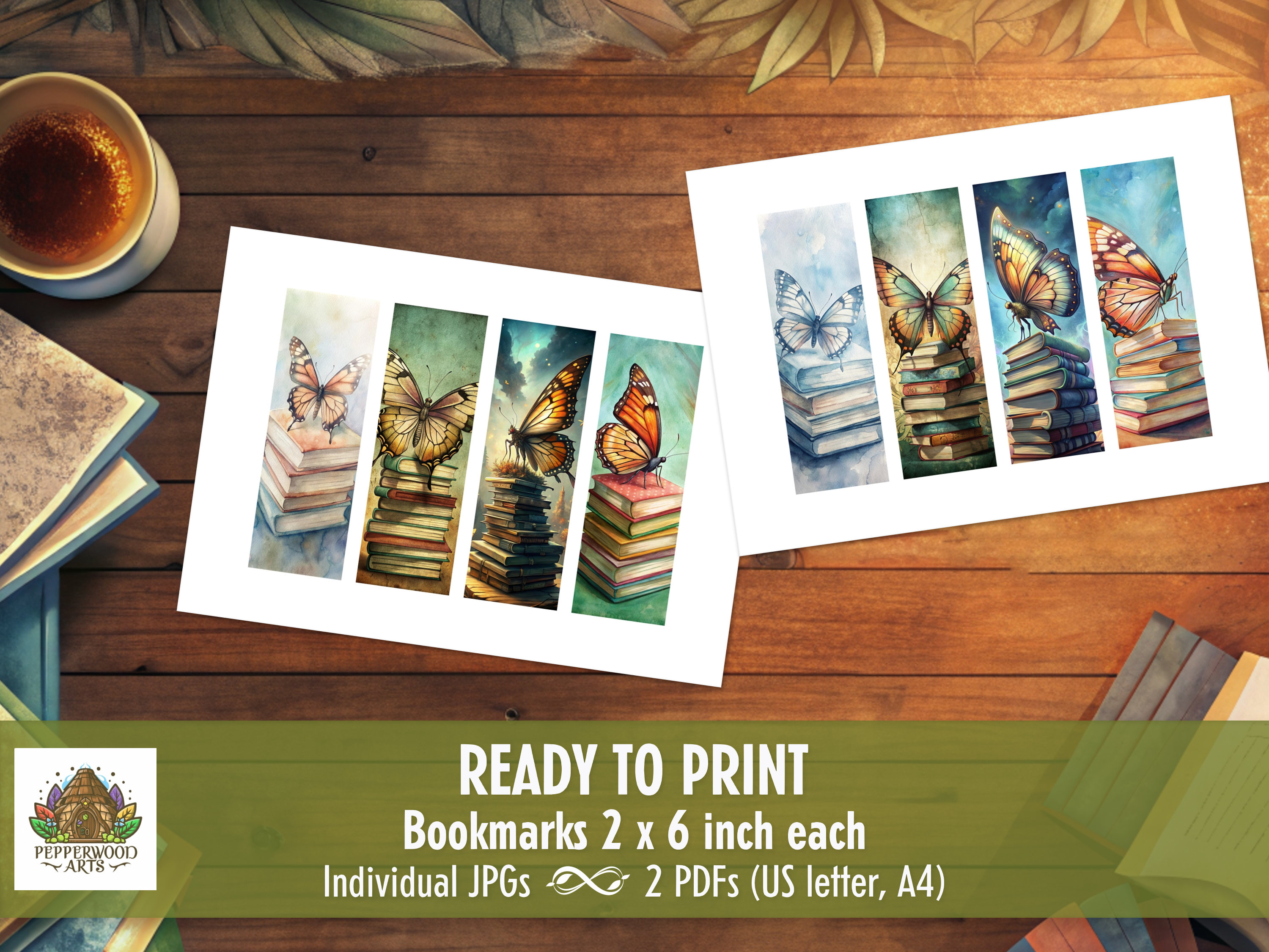 Butterflies on Stacked Books Printable Bookmarks, Butterfly Bookmarks ...