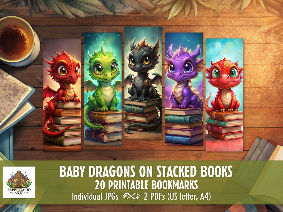Baby Dragons on Stacked Books Printable Bookmarks, Baby Dragon ...