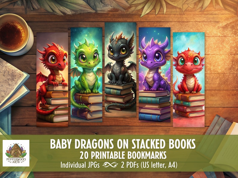 Baby Dragons on Stacked Books Printable Bookmarks, Baby Dragon ...