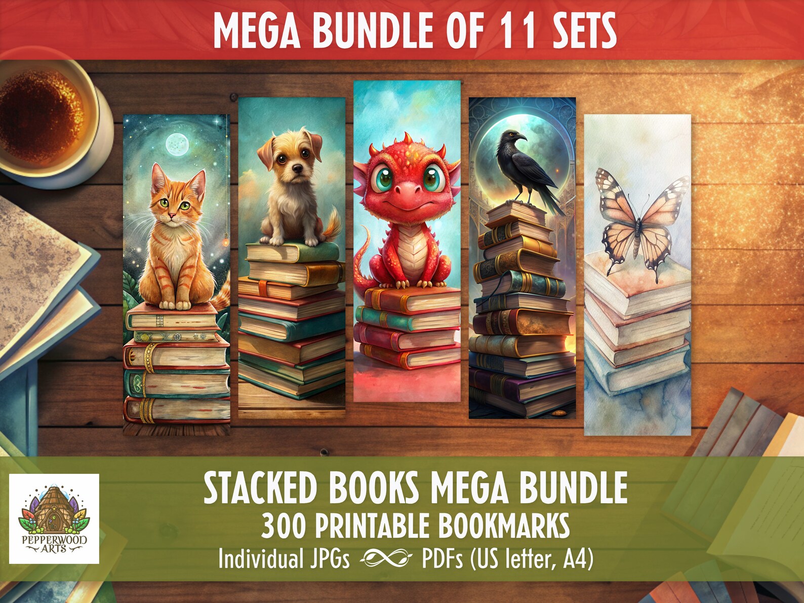 Stacked Books Printable Bookmarks Mega Bundle, Butterfly Bookmarks, Cat ...