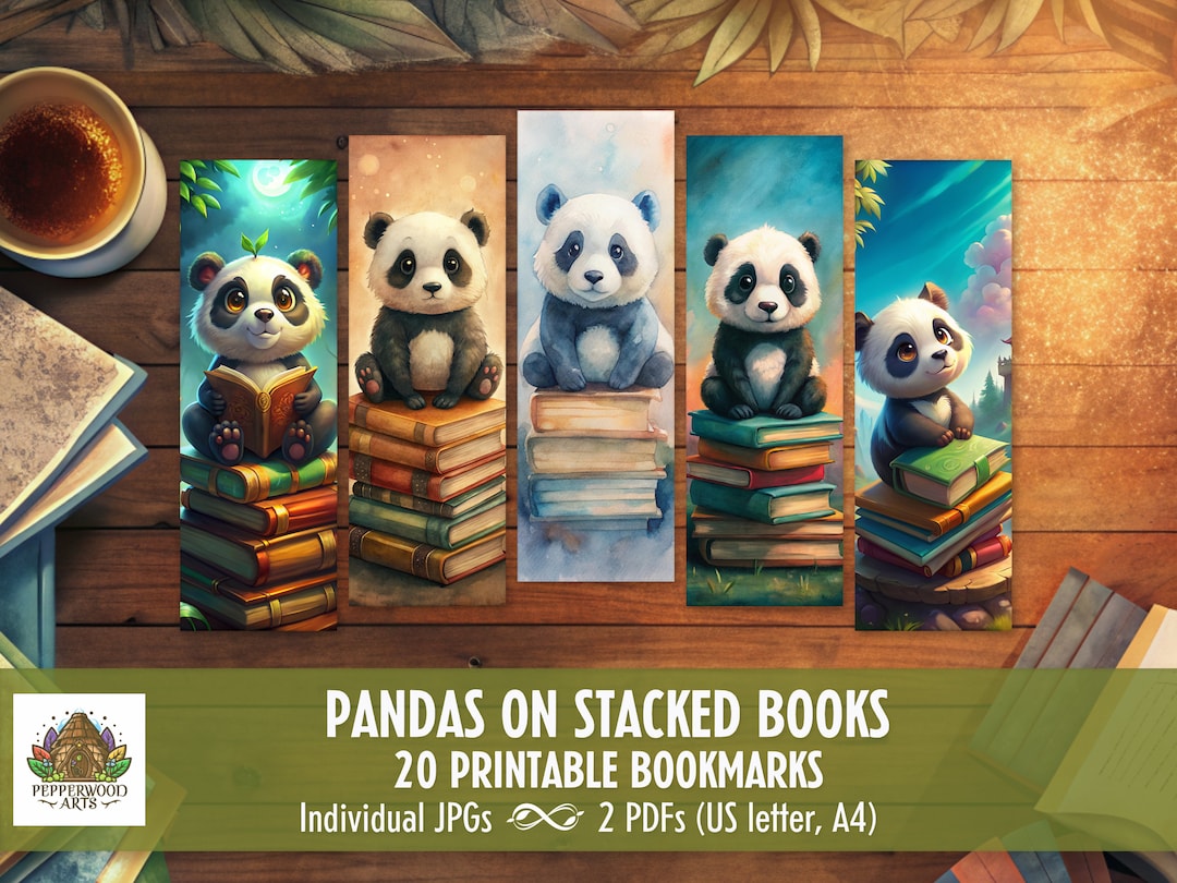 Pandas on Stacked Books Printable Bookmarks, Panda Bookmarks, Book ...