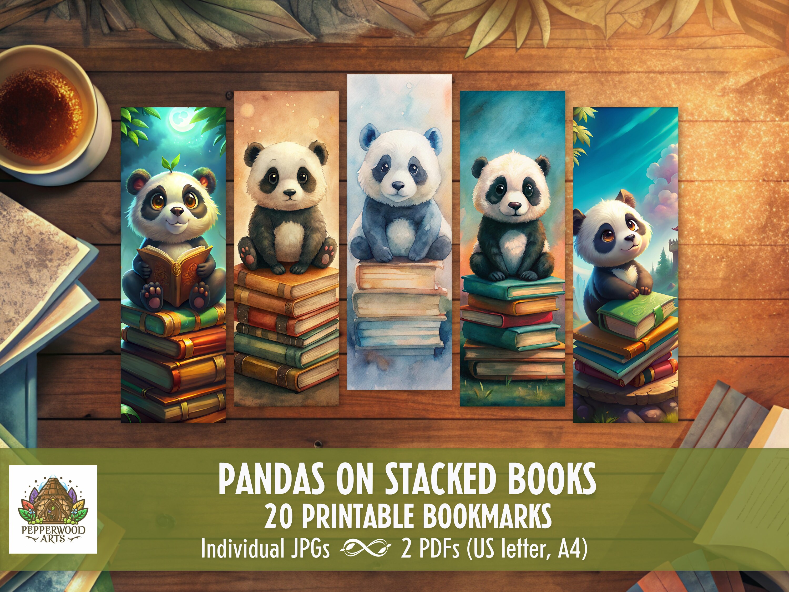 Pandas on Stacked Books Printable Bookmarks, Panda Bookmarks, Book ...