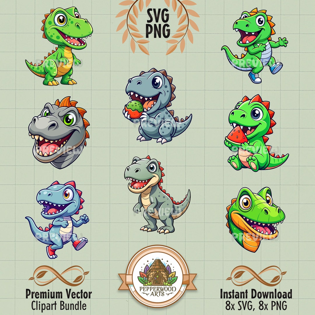 Cute T-rex Clipart Bundle, Baby Dinosaur Svg, Cute Trex Png, Cute Trex ...