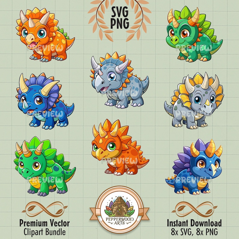 Triceratops Clipart Bundle, Dinosaur Png, Triceratops Svg, Dino Clipart ...