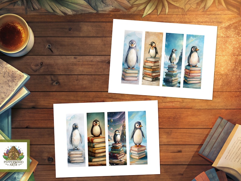 Penguins on Stacked Books Printable Bookmarks, Penguin Bookmarks, Book Lover Gift, Cute ...