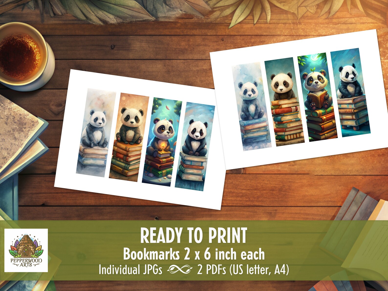 Pandas on Stacked Books Printable Bookmarks, Panda Bookmarks, Book ...