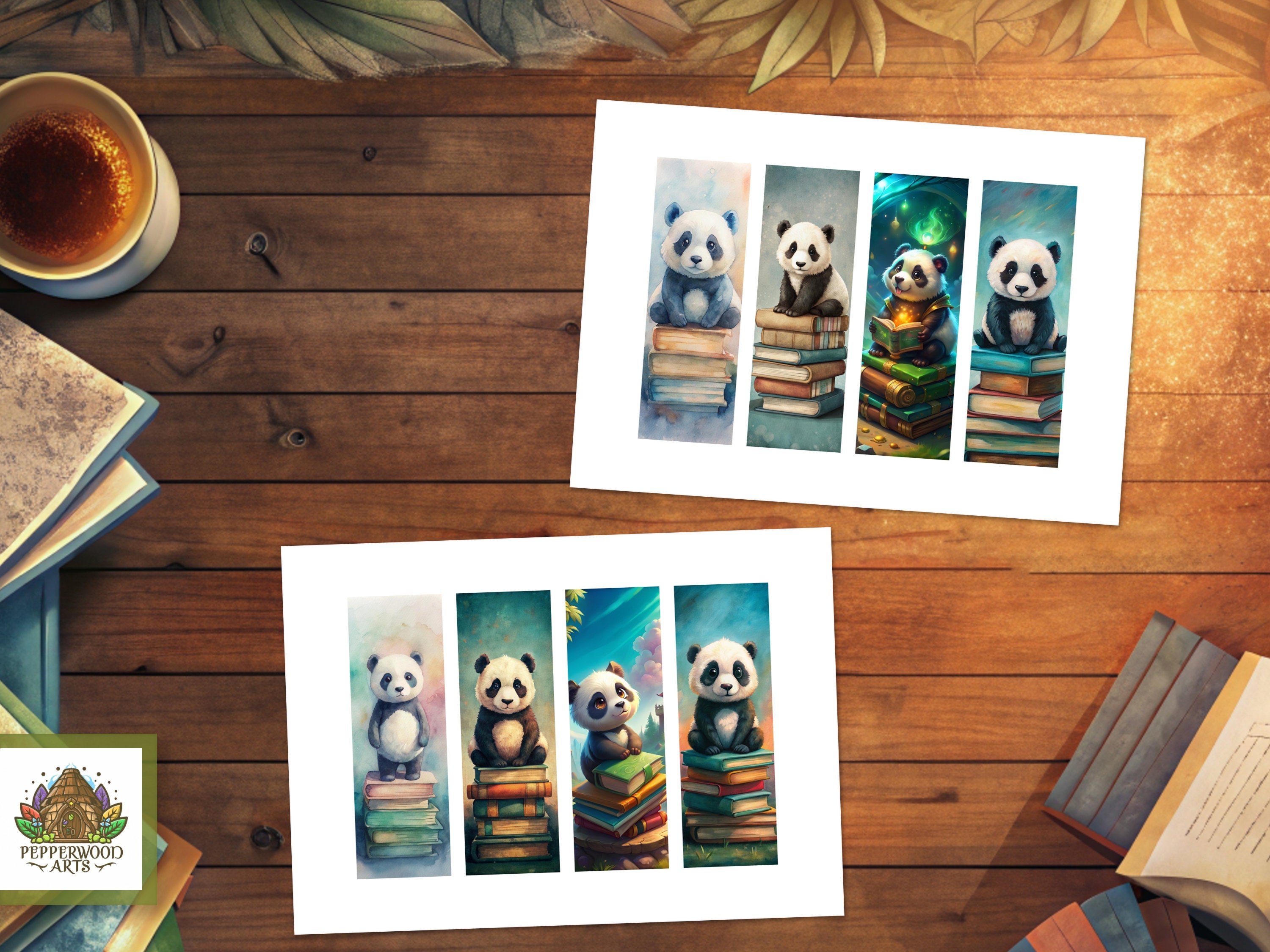 Pandas on Stacked Books Printable Bookmarks, Panda Bookmarks, Book ...