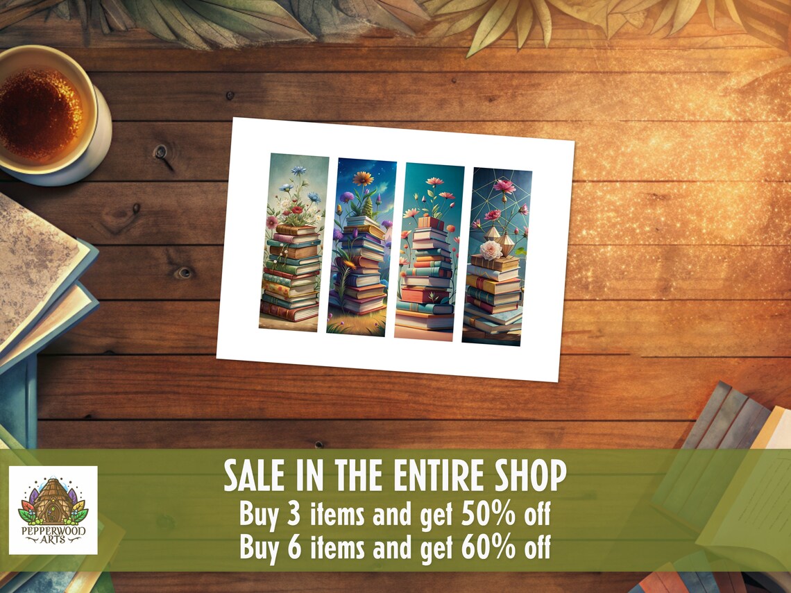 Flowers on Stacked Books Printable Bookmarks, Floral Bookmark Designs ...