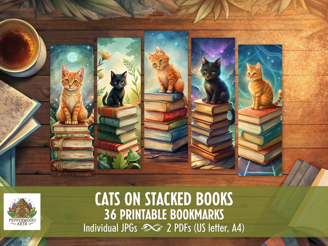 Cats on Stacked Books Printable Bookmarks, Cute Kitten Bookmark Designs ...