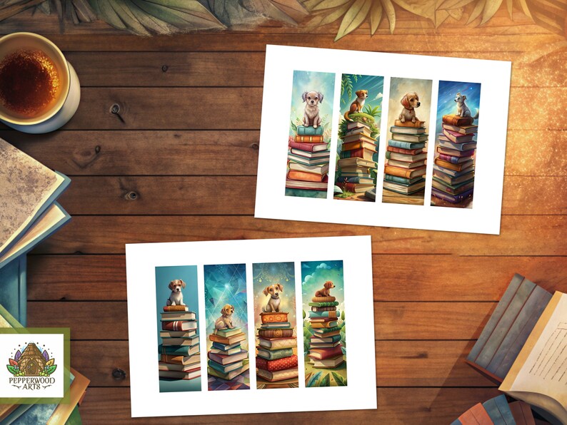 Dogs on Stacked Books Printable Bookmarks, Cute Puppy Bookmark Designs ...