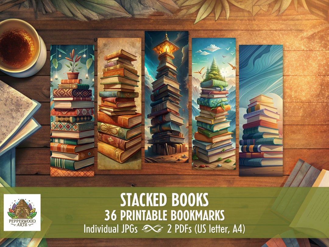 Stacked Books Printable Bookmarks, Creative Bookmark Designs, Book ...