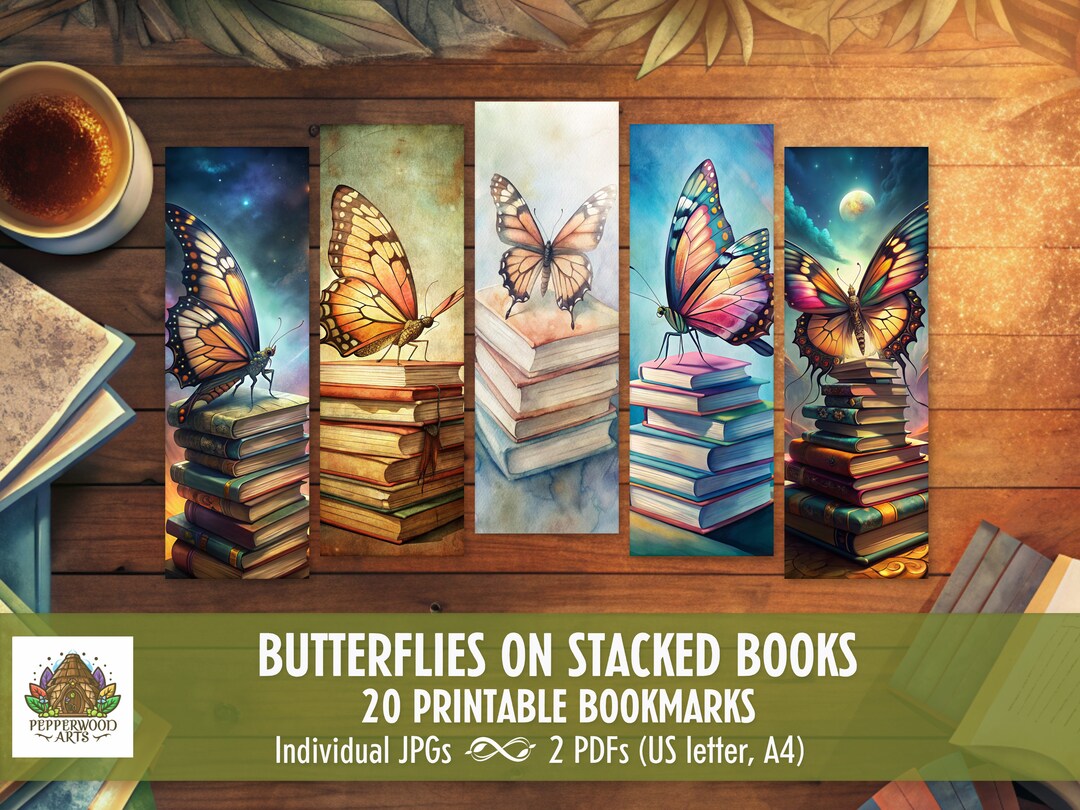 Butterflies on Stacked Books Printable Bookmarks, Butterfly Bookmarks ...