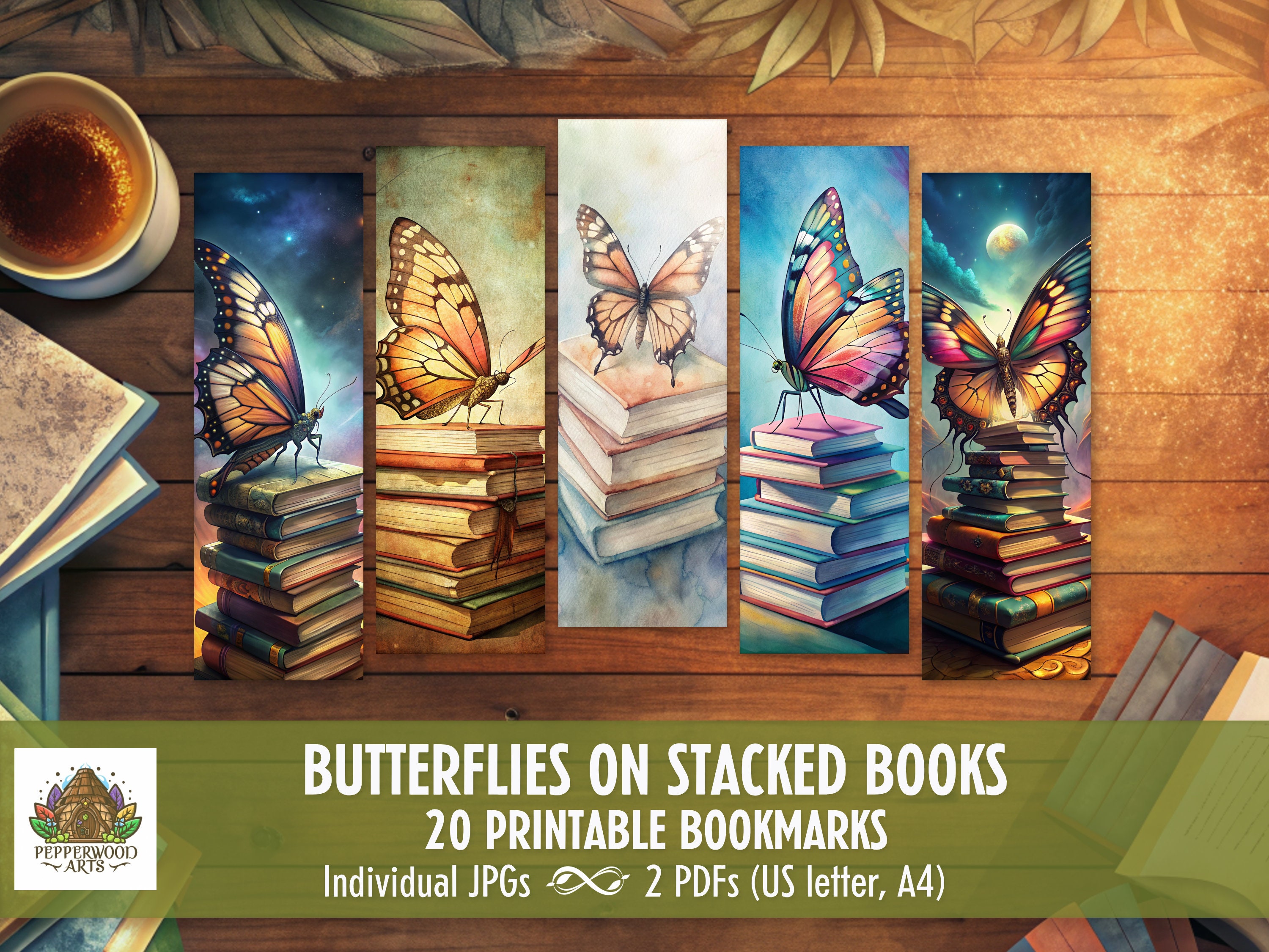 Butterflies on Stacked Books Printable Bookmarks, Butterfly Bookmarks ...