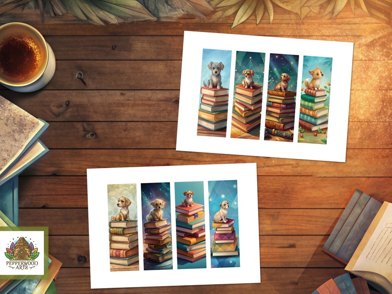 Dogs on Stacked Books Printable Bookmarks, Cute Puppy Bookmark Designs ...