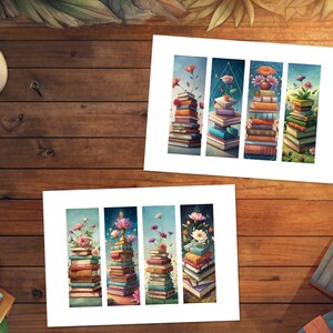 Flowers on Stacked Books Printable Bookmarks, Floral Bookmark Designs ...