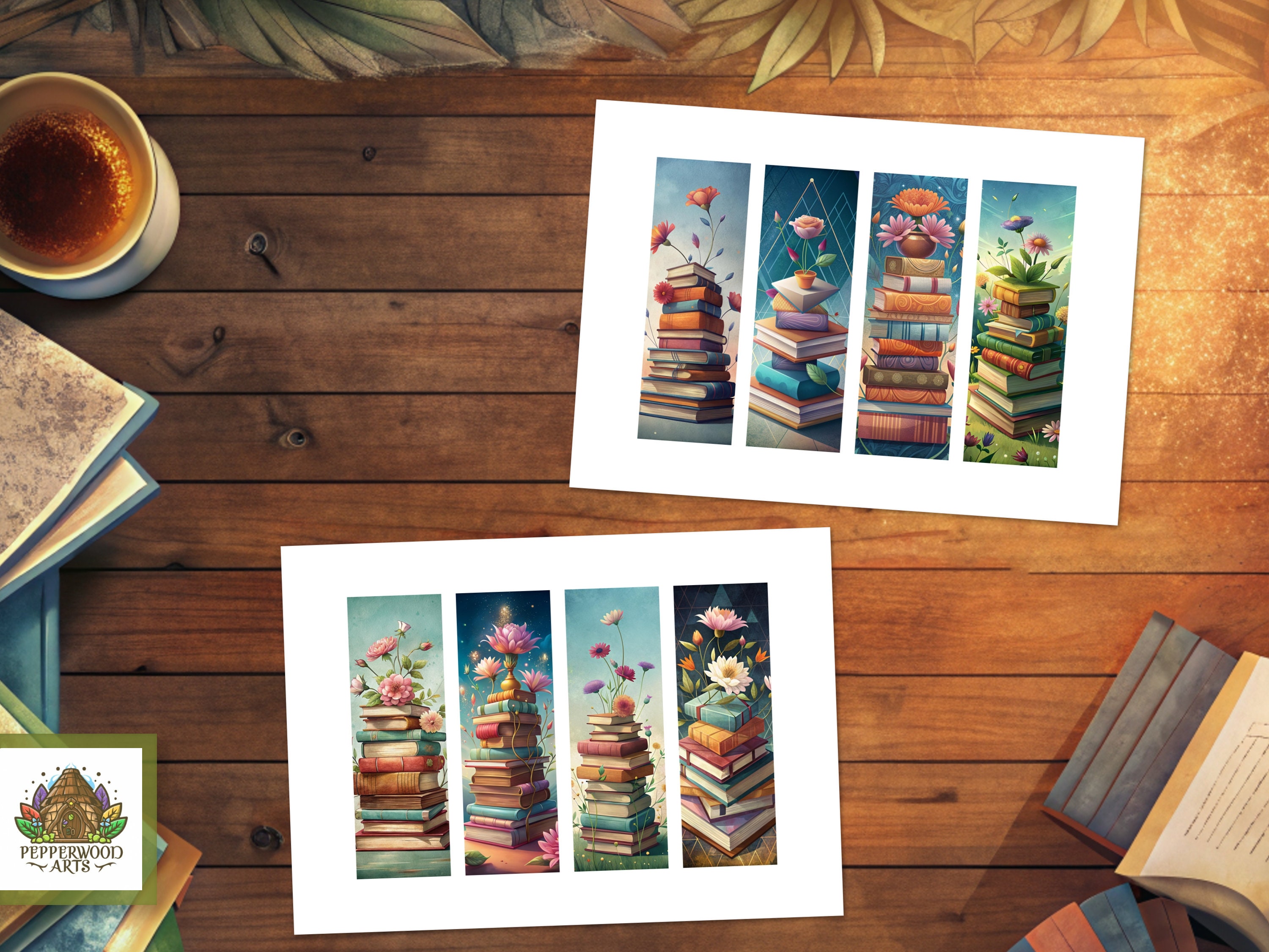 Flowers on Stacked Books Printable Bookmarks, Floral Bookmark Designs ...