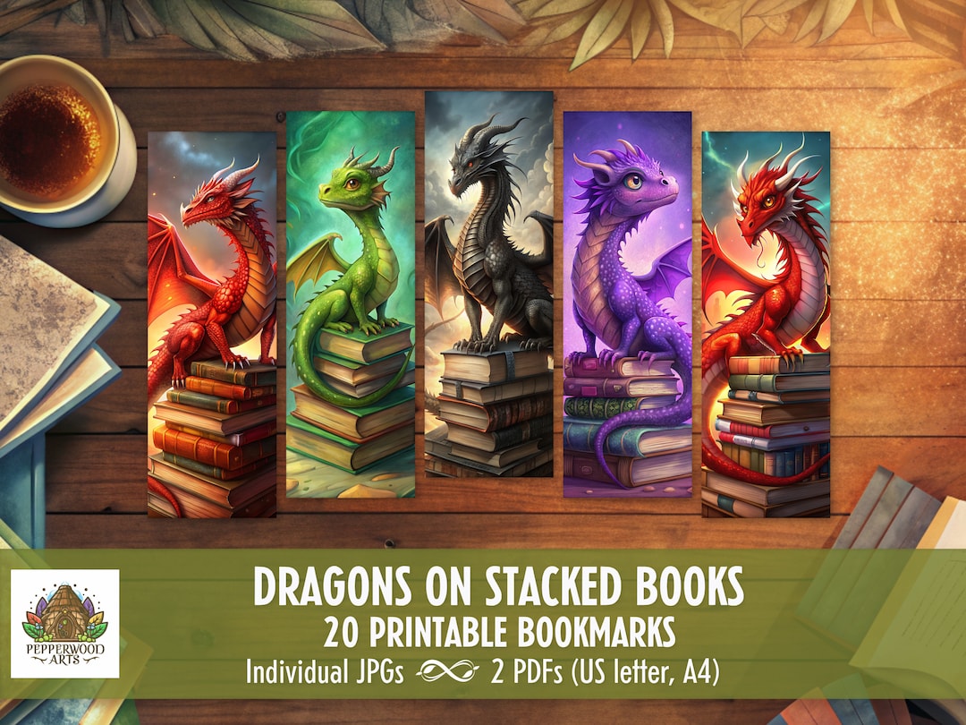 Dragons on Stacked Books Printable Bookmarks, Dragon Bookmarks, Book ...