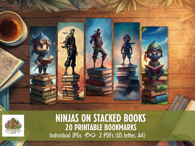 Ninjas on Stacked Books Printable Bookmarks, Ninja Bookmarks, Book ...