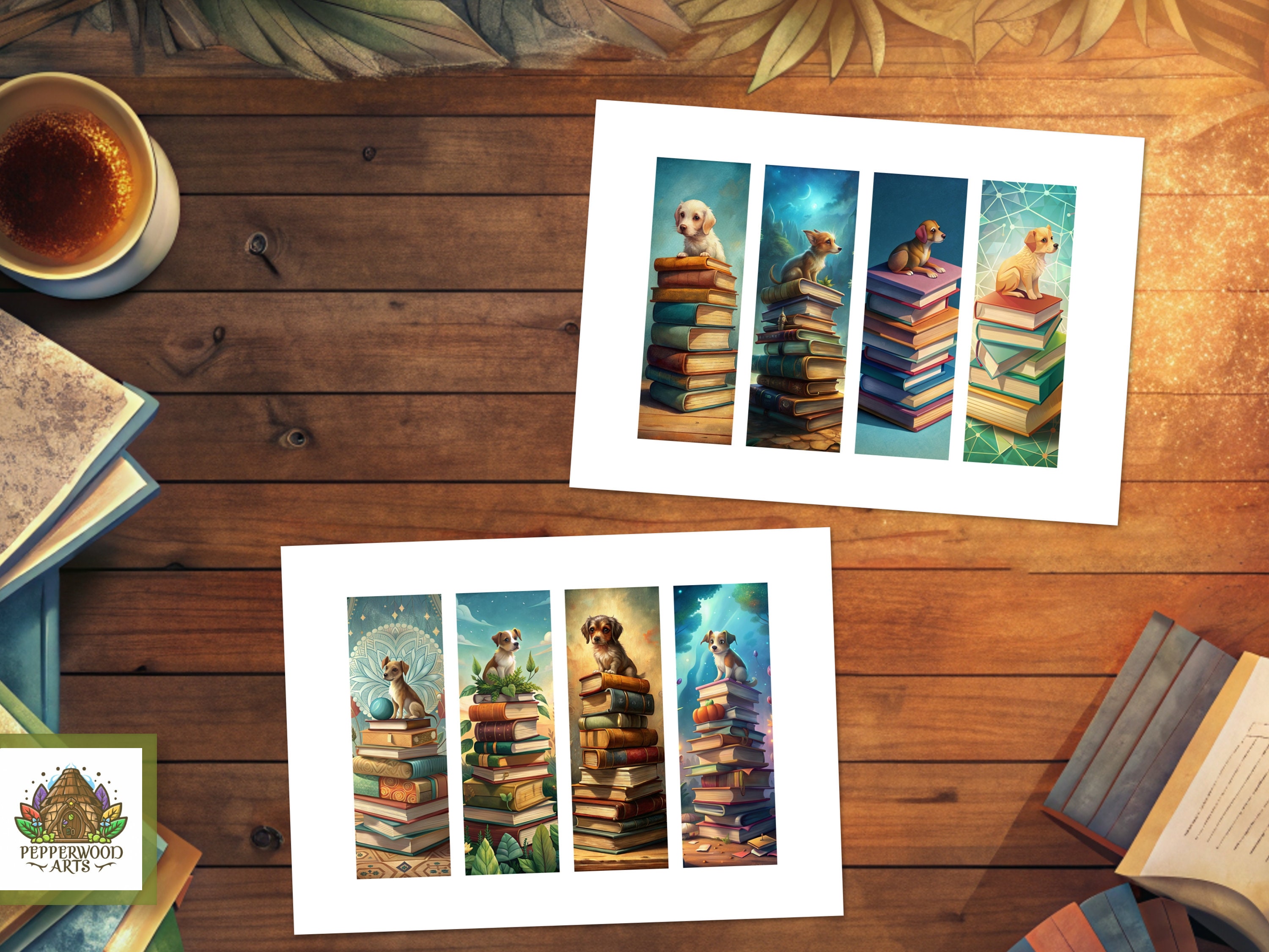 Dogs on Stacked Books Printable Bookmarks, Cute Puppy Bookmark Designs ...
