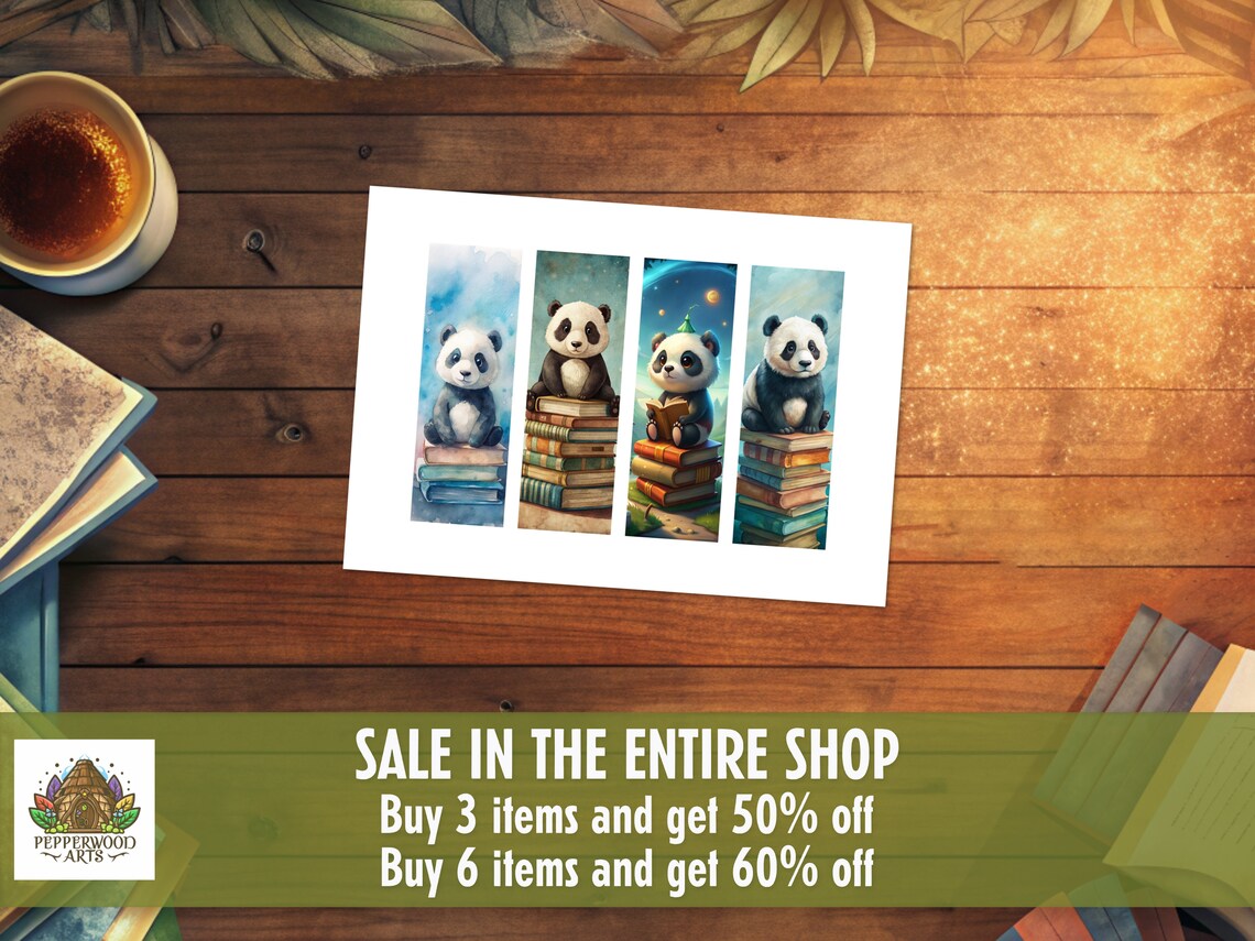 Pandas on Stacked Books Printable Bookmarks, Panda Bookmarks, Book ...