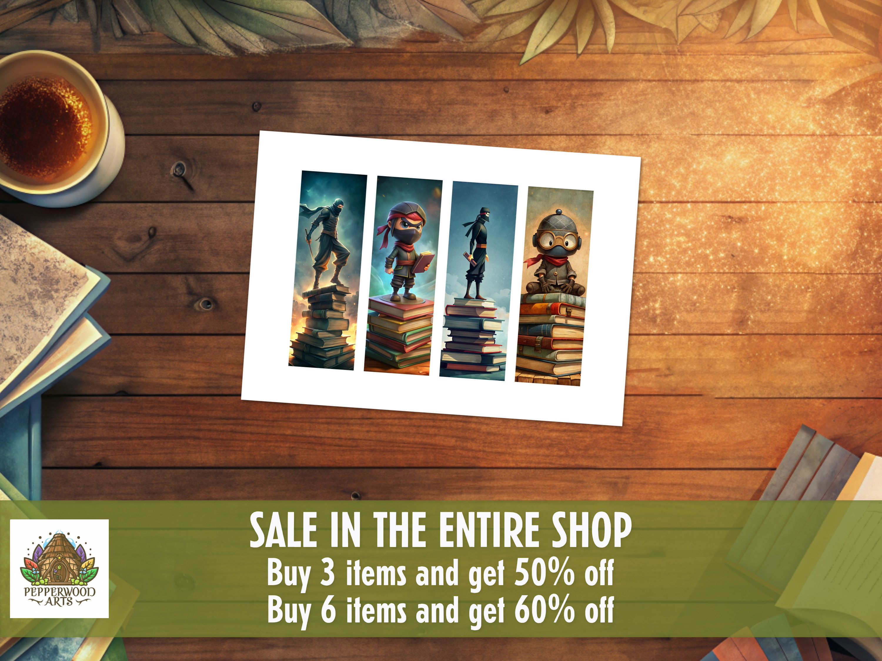 Ninjas on Stacked Books Printable Bookmarks, Ninja Bookmarks, Book ...