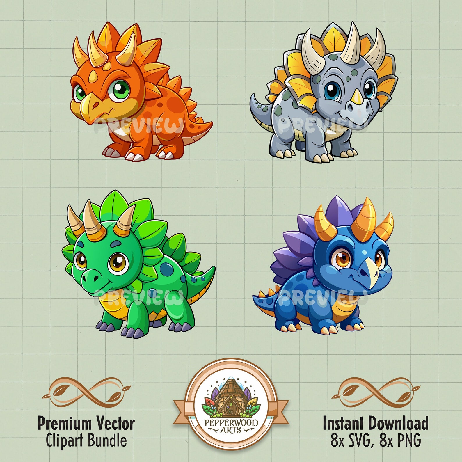 Triceratops Clipart Bundle, Dinosaur Png, Triceratops Svg, Dino Clipart ...