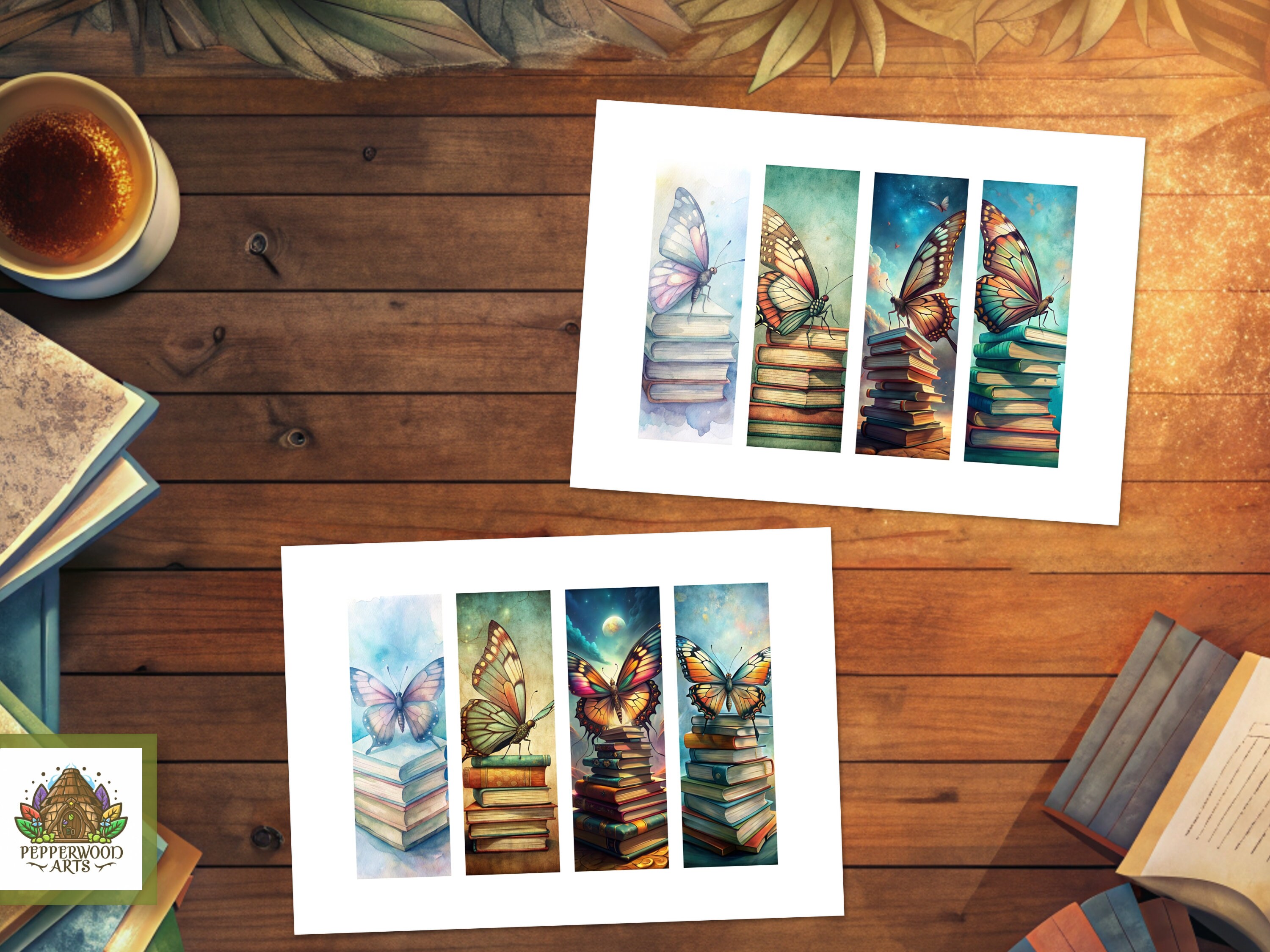 Butterflies on Stacked Books Printable Bookmarks, Butterfly Bookmarks ...