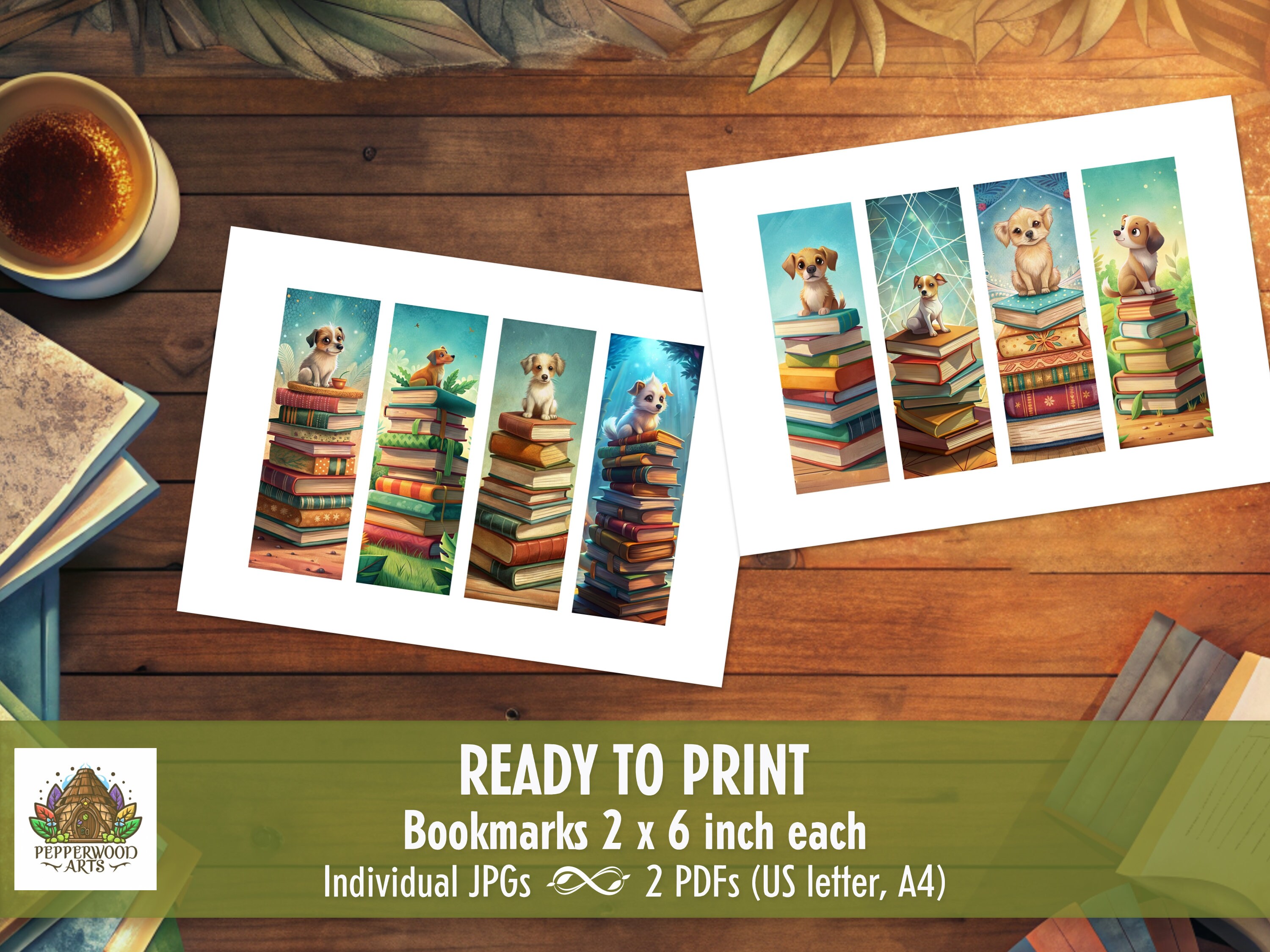Dogs on Stacked Books Printable Bookmarks, Cute Puppy Bookmark Designs ...