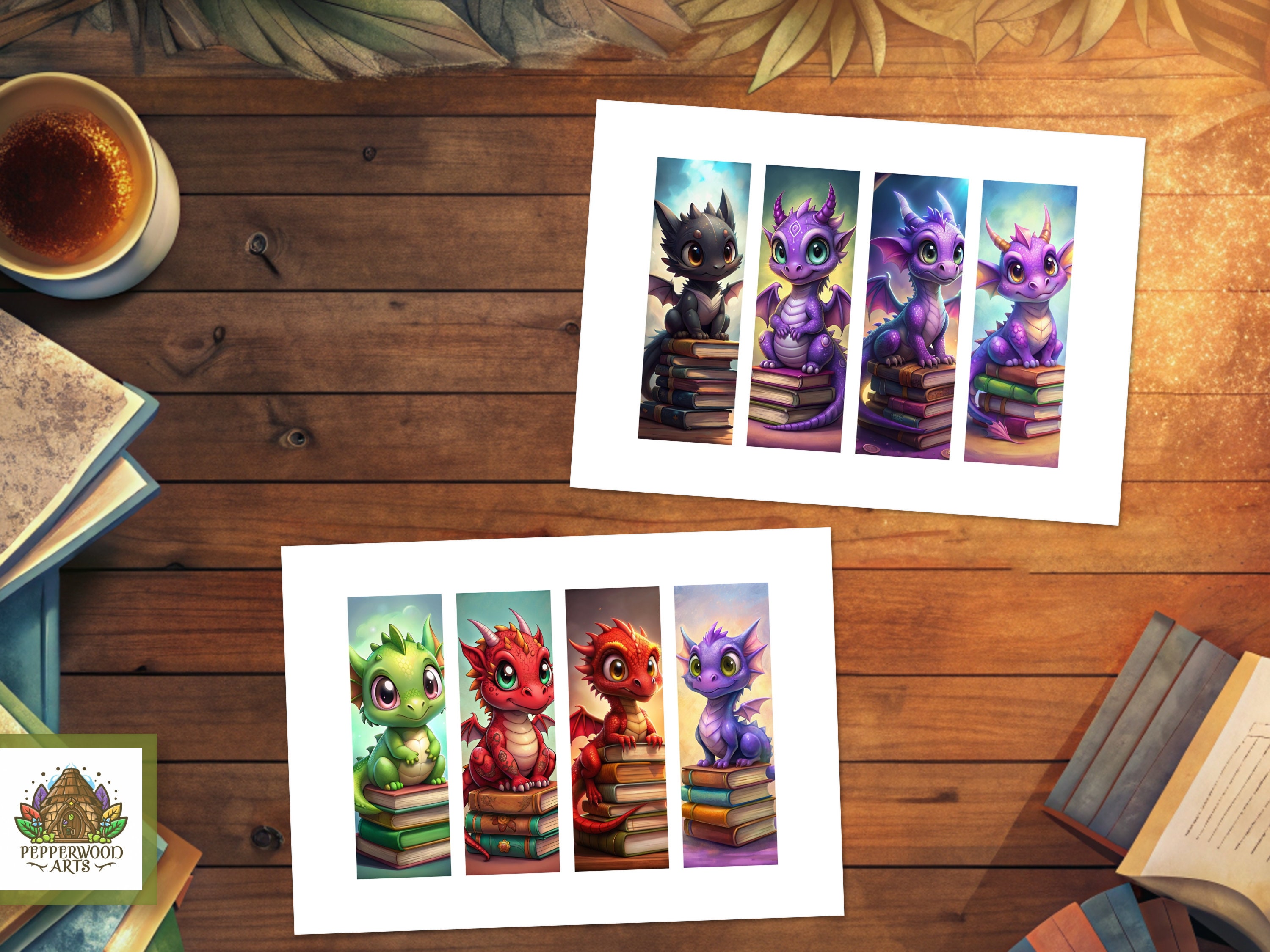 Baby Dragons on Stacked Books Printable Bookmarks, Baby Dragon ...