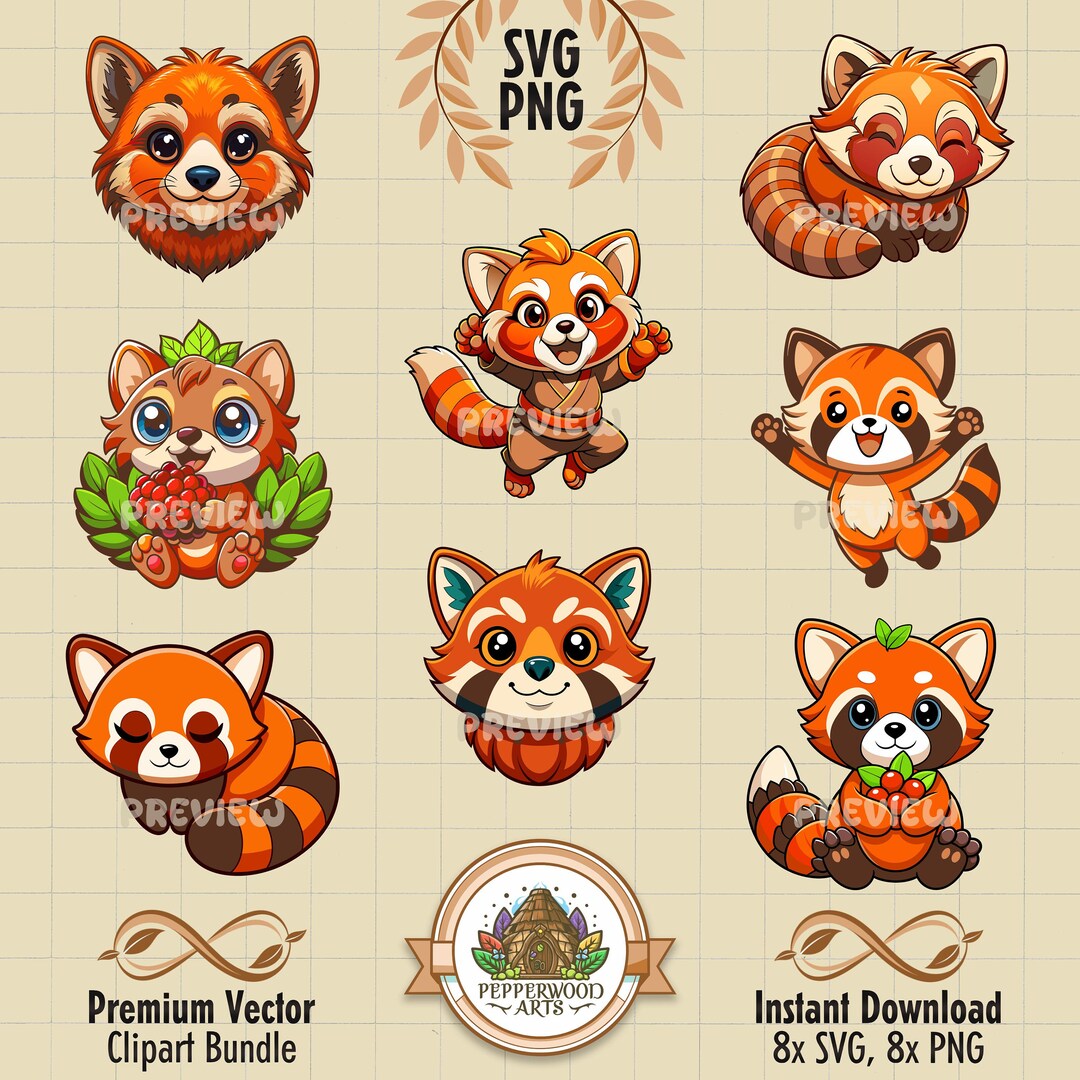 Red Panda Clipart Bundle, Cute Red Panda, Red Panda Svg, Red Panda Png ...