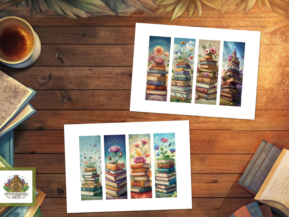 Flowers on Stacked Books Printable Bookmarks, Floral Bookmark Designs ...