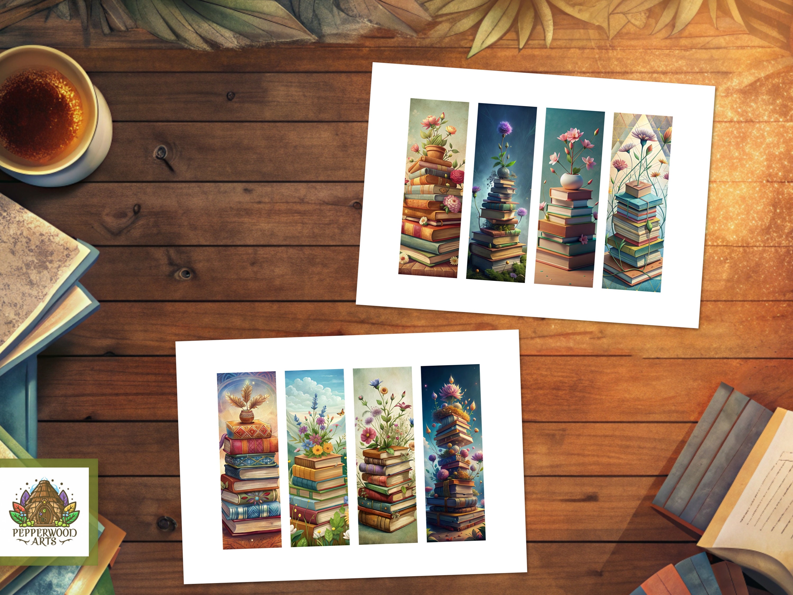 Flowers on Stacked Books Printable Bookmarks, Floral Bookmark Designs ...