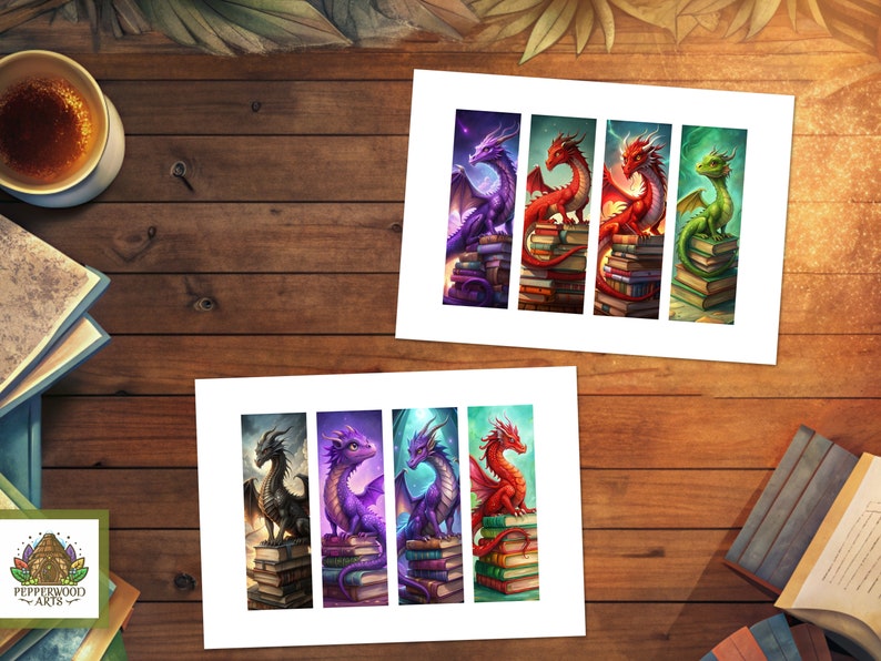 Dragons on Stacked Books Printable Bookmarks, Dragon Bookmarks, Book ...